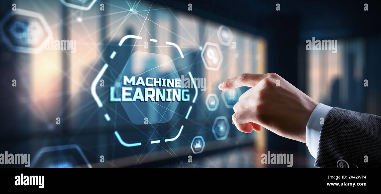 Businessman presses a button Machine learning. New technology 2024 ...
