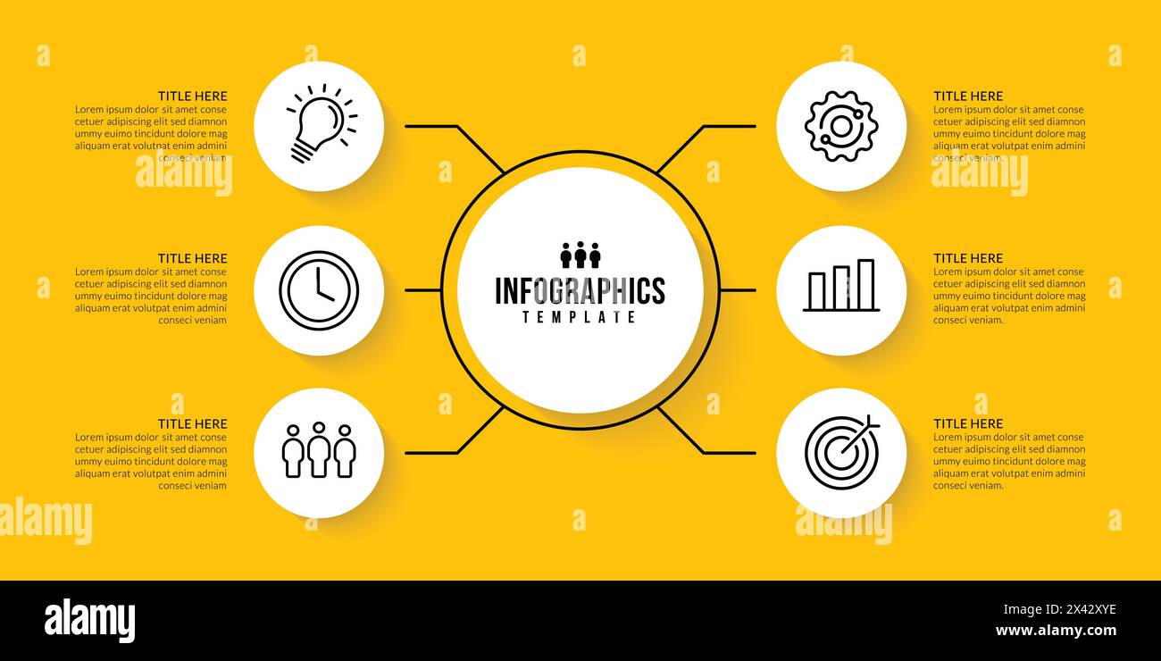 Workflow infographic template design with 6 options on yellow ...