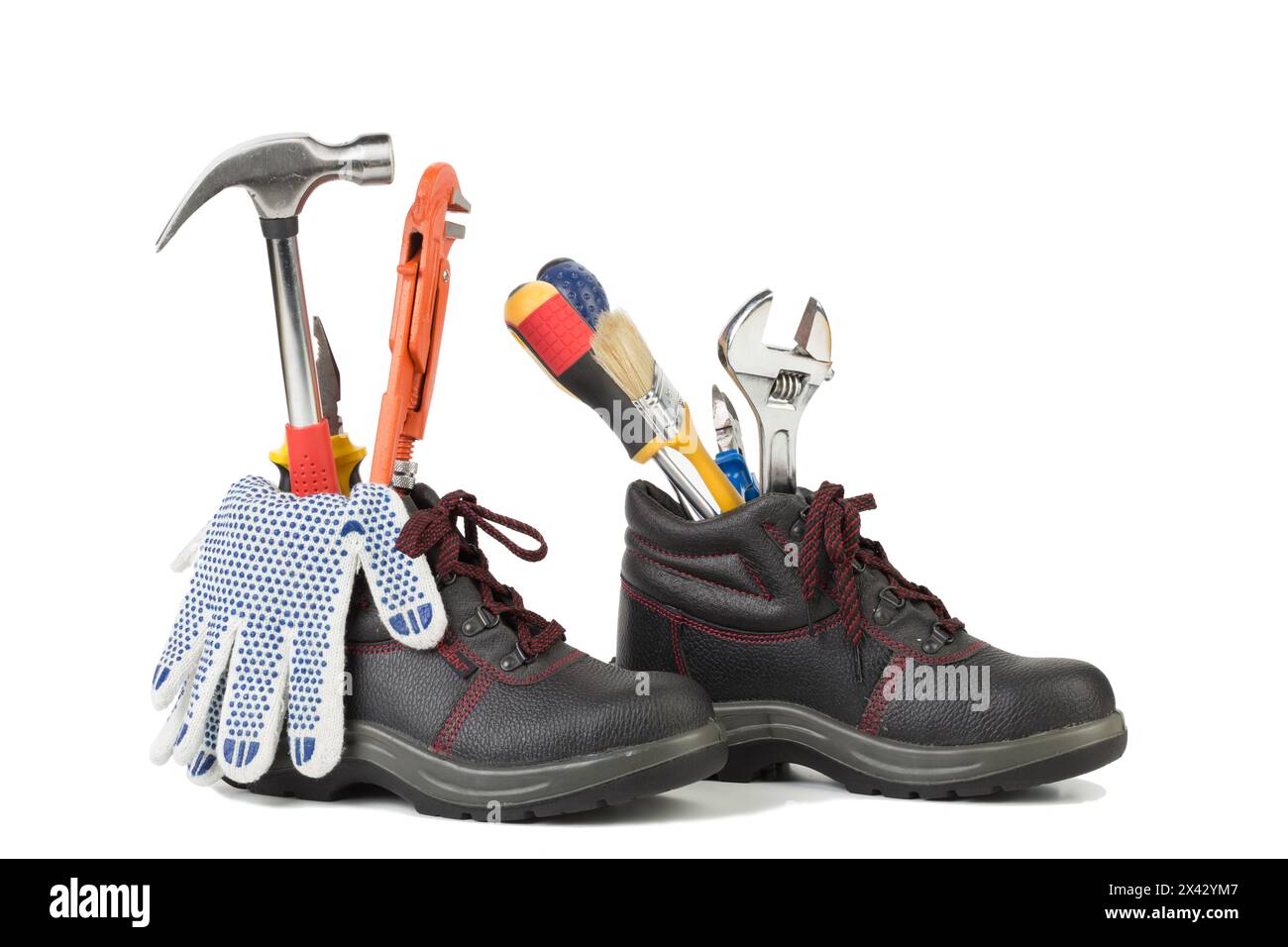 Still life with working tools and protective equipment. Isolated over ...