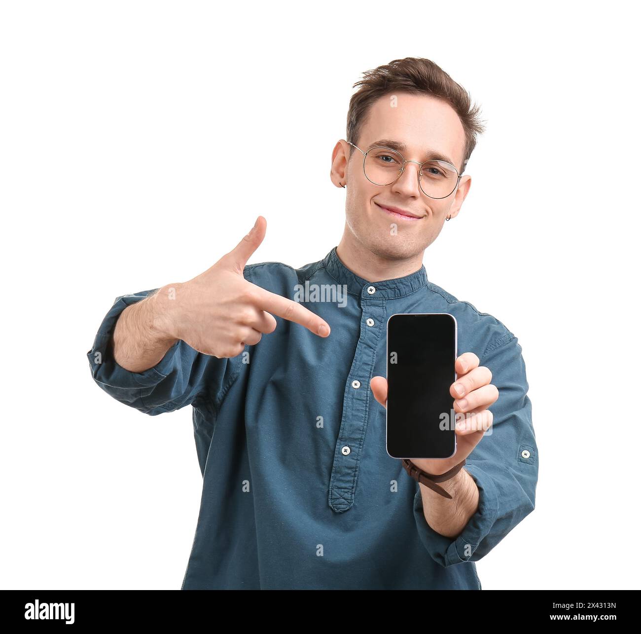 Cool young man with smartphone on white background Stock Photo - Alamy