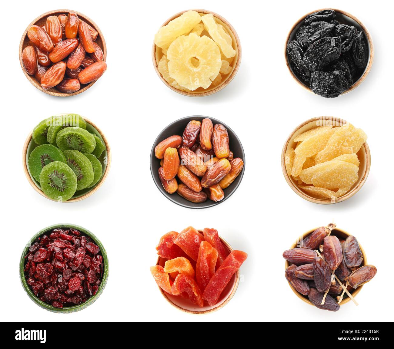 Set of different dried fruits on white background, top view Stock Photo ...