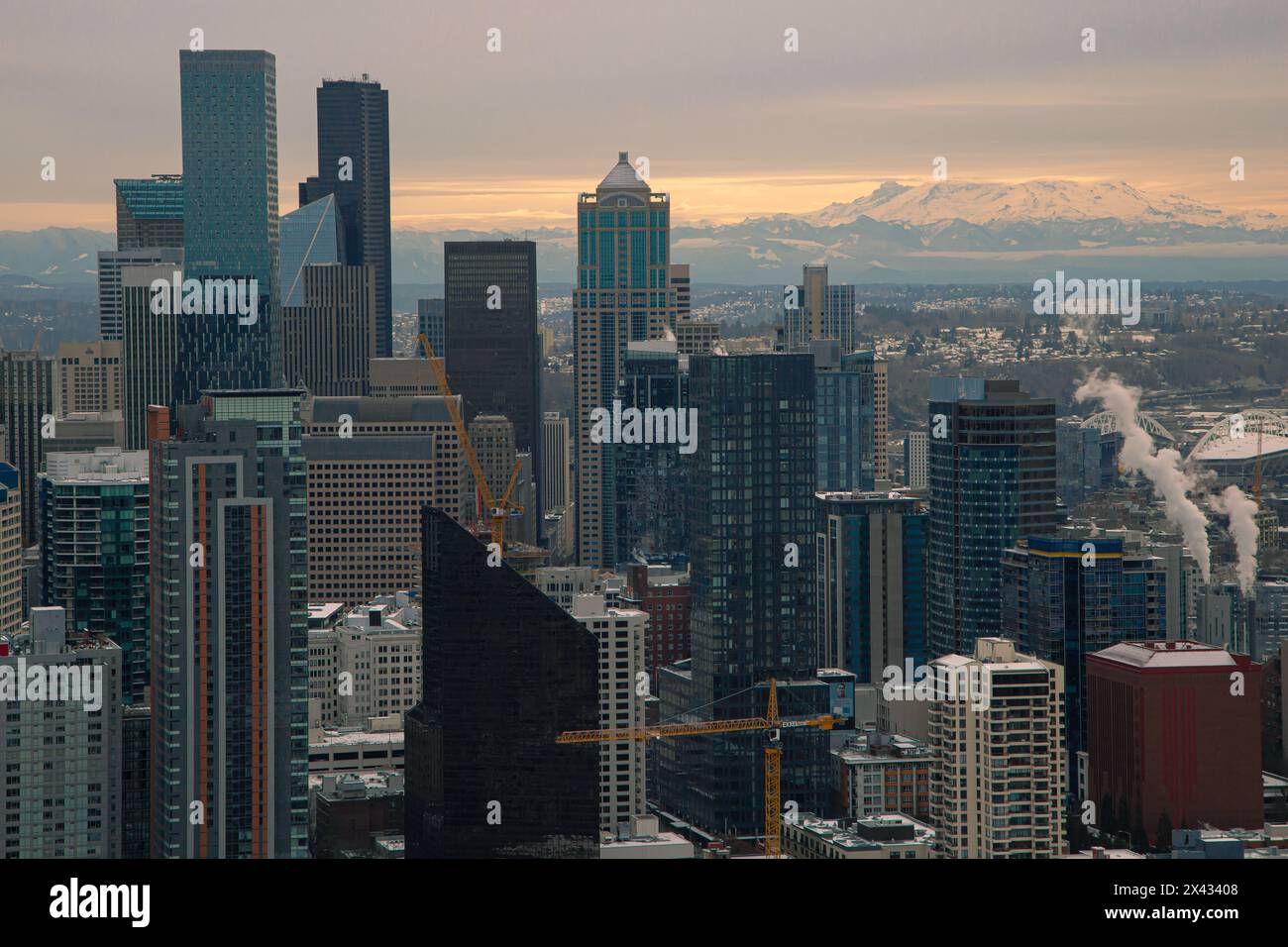 The vibrant skyline of Seattle with its iconic modern architecture is ...