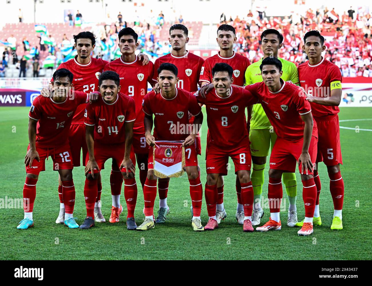 Doha, Qatar. 29th Apr, 2024. Starting players of Indonesia pose prior ...