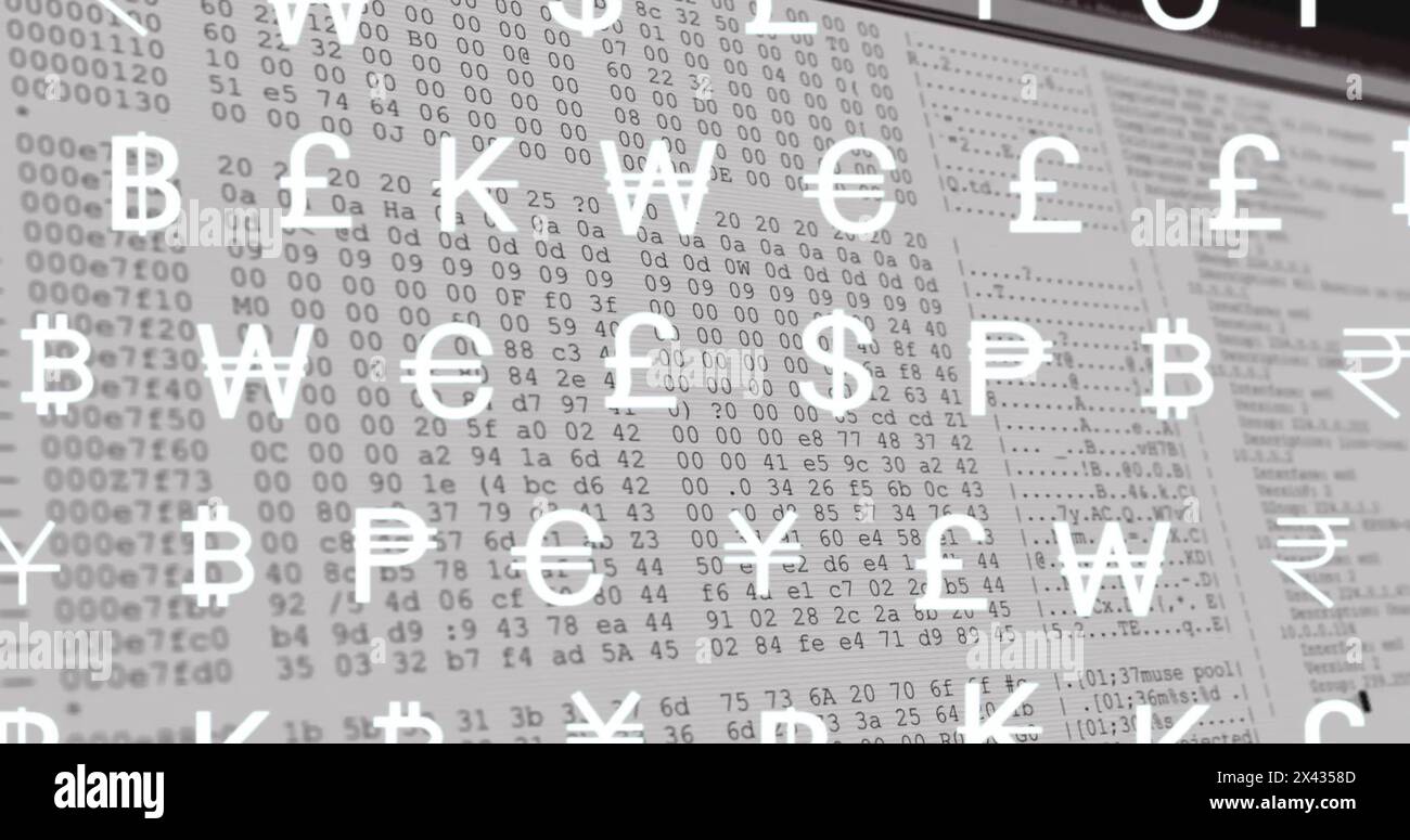 Image of financial data processing and currency symbols over screen ...