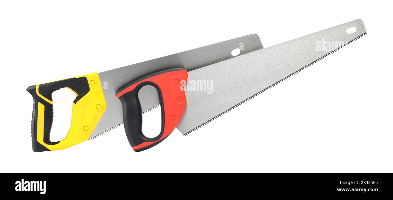 Saws with colorful handles isolated on white Stock Photo - Alamy