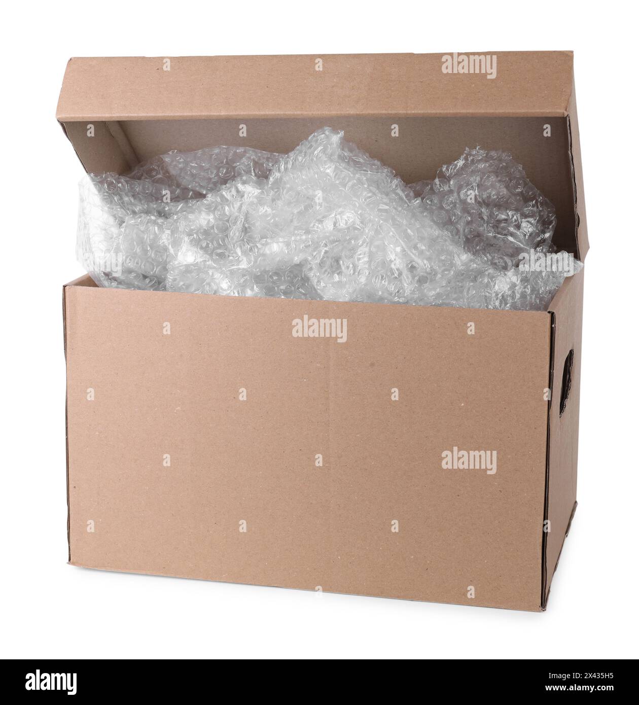 Transparent bubble wrap in cardboard box isolated on white Stock Photo ...
