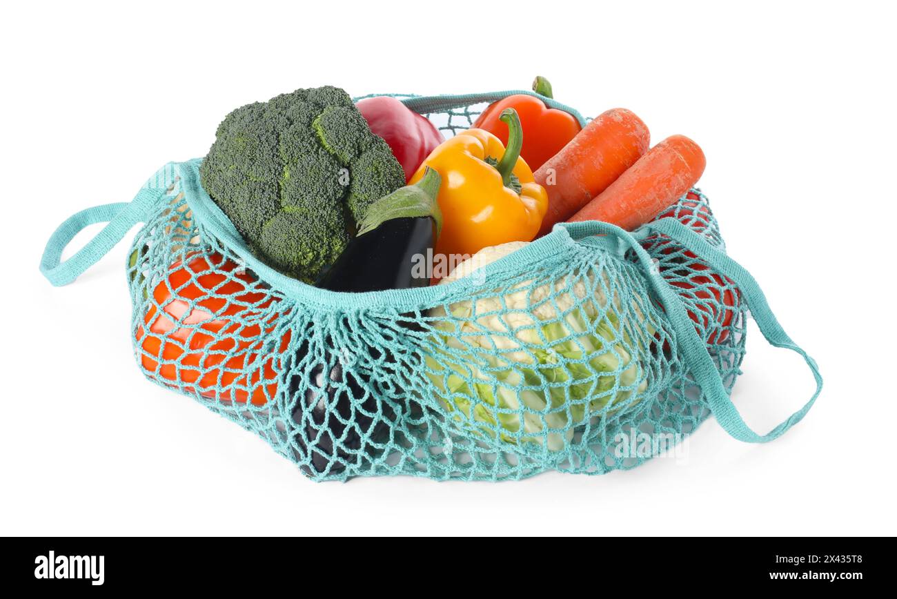 Fresh vegetables in string bag isolated on white Stock Photo - Alamy