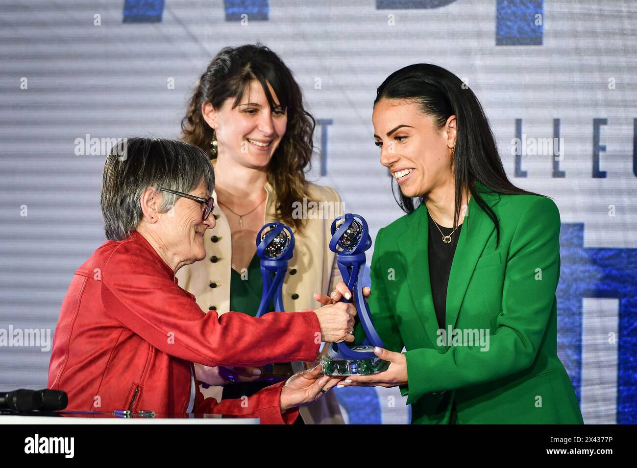 French referees Emeline Rochebiliere (C) and Camille Comba (R) win the ...