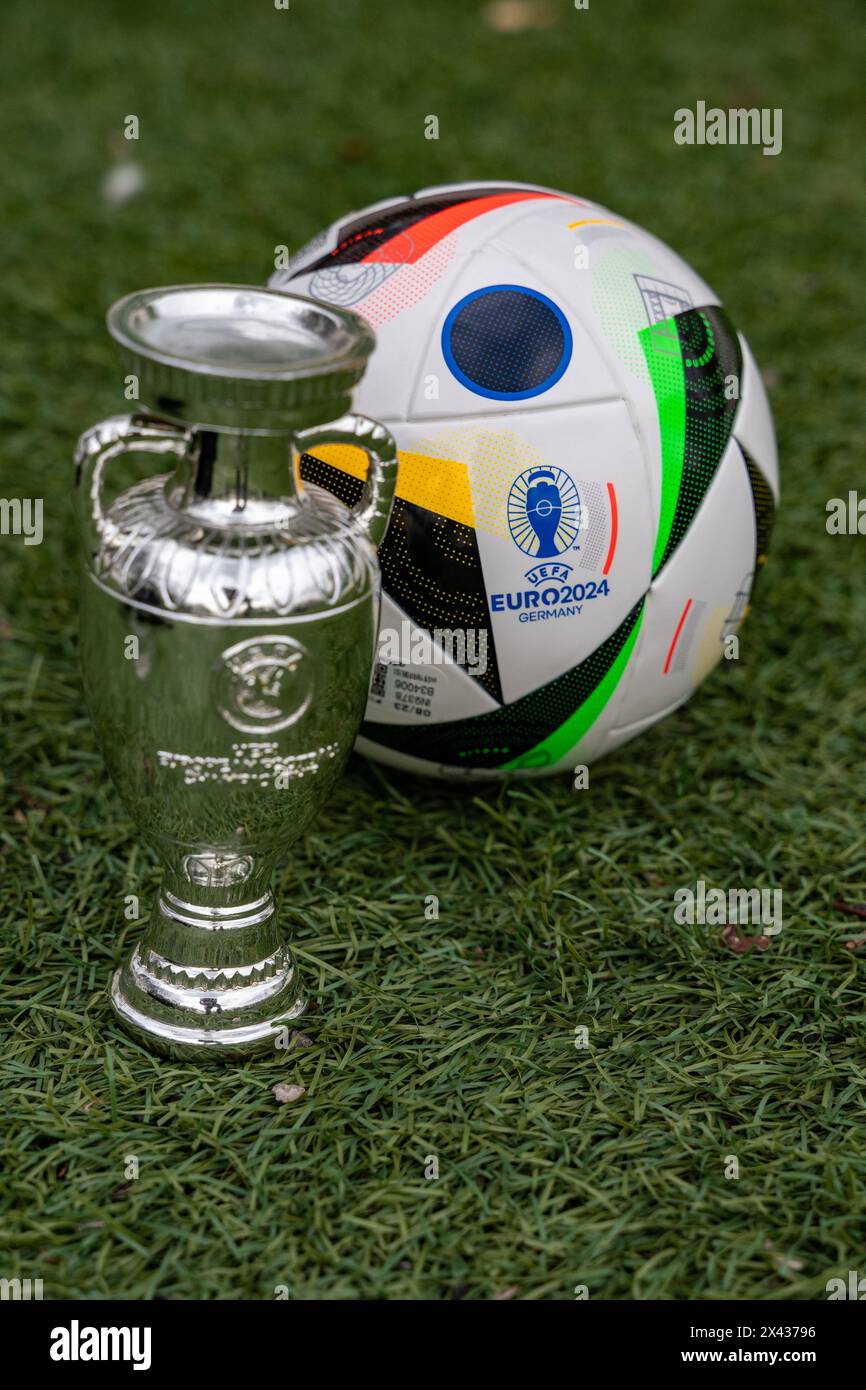 April 26, 2024, Berlin, Germany. The trophy and the official ball of ...