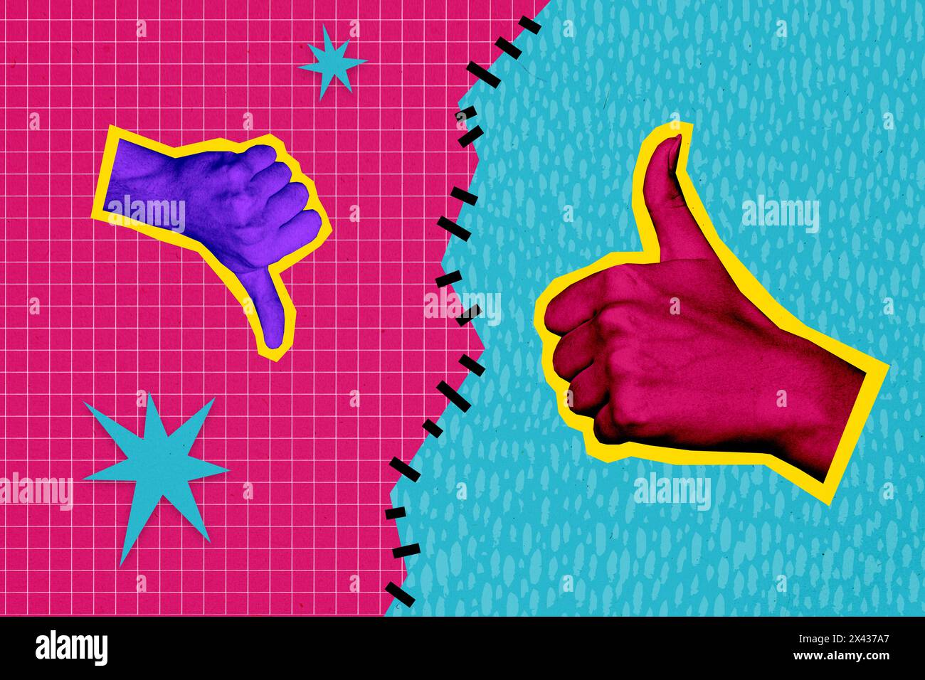 Composite photo collage of arm showing thumb up another thumb down ...