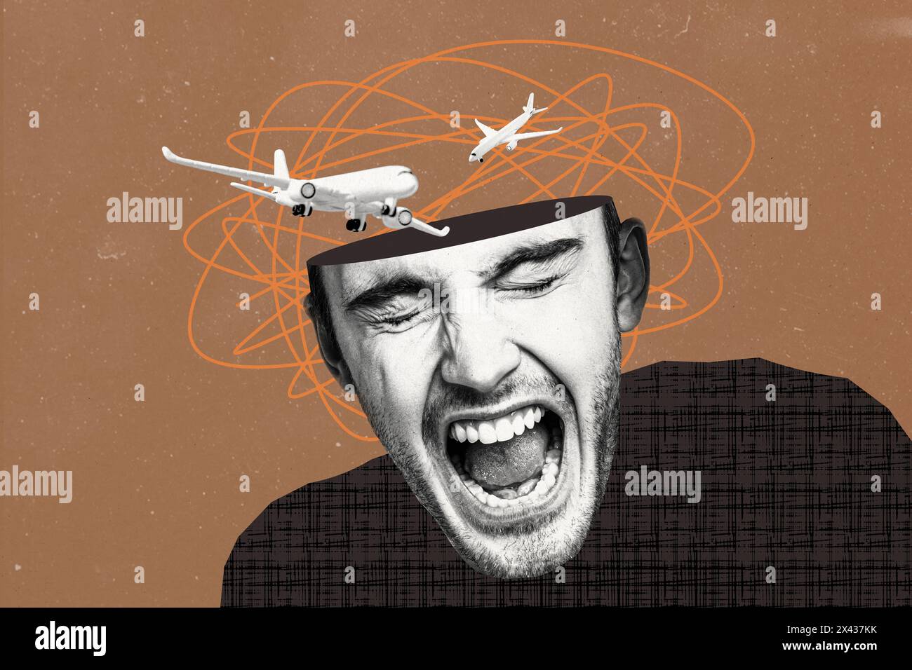 Composite photo collage of upset stressed man scream inside head fly ...