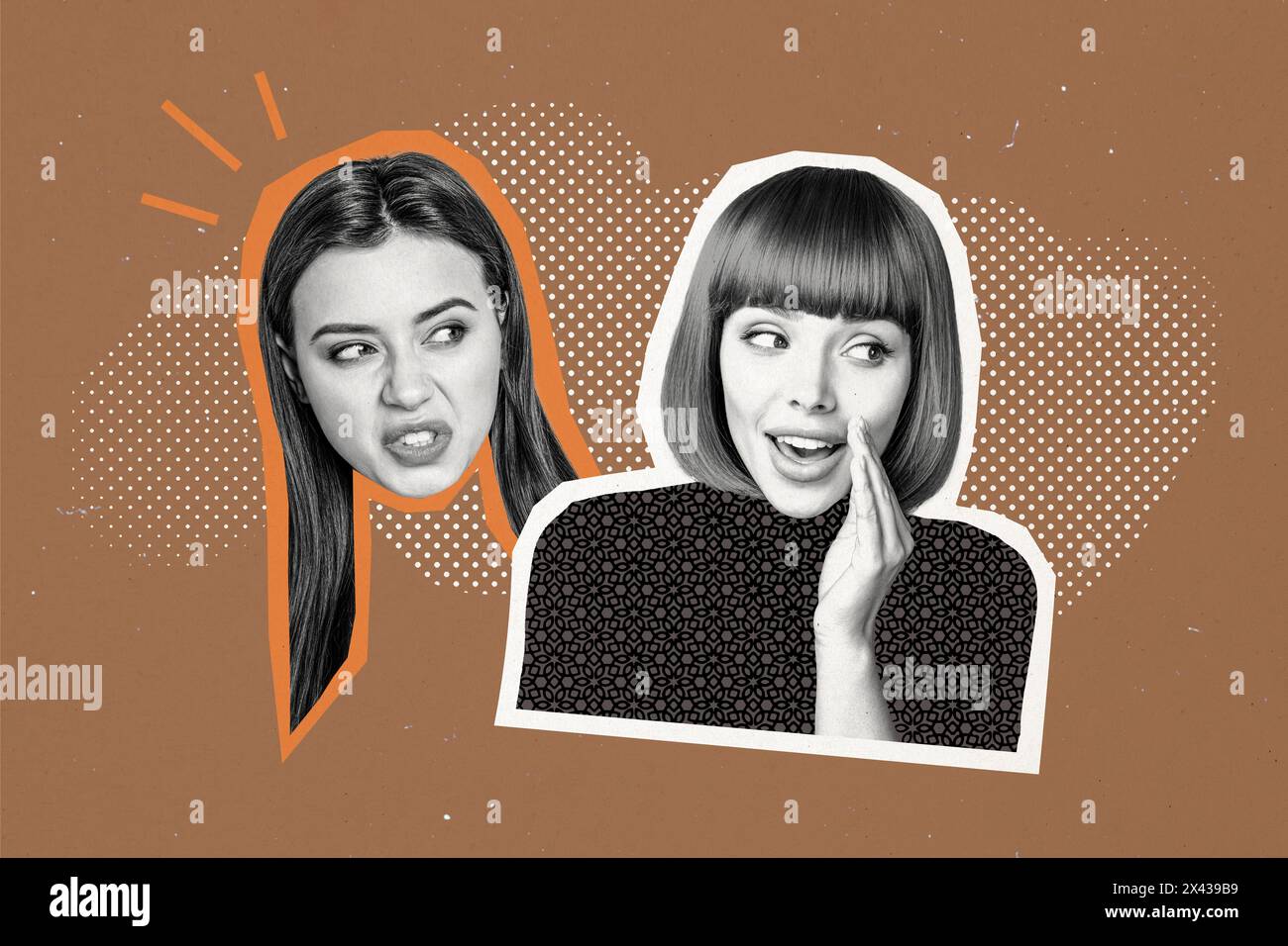 Composite photo collage of two girls share gossips lies dissatisfaction emotion curiosity ...