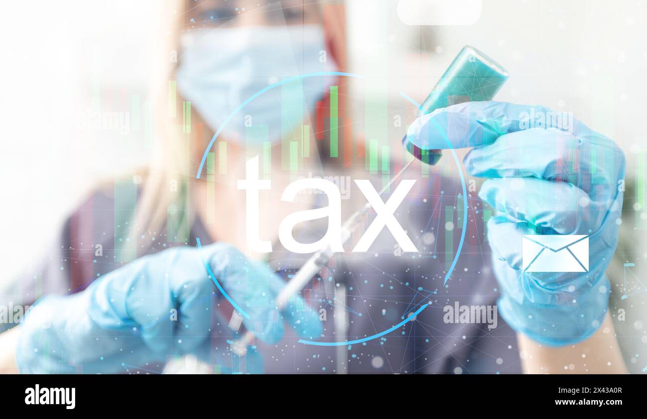 Doctor using innovative virtual touch screen presses tax button healthcare network on internet ...