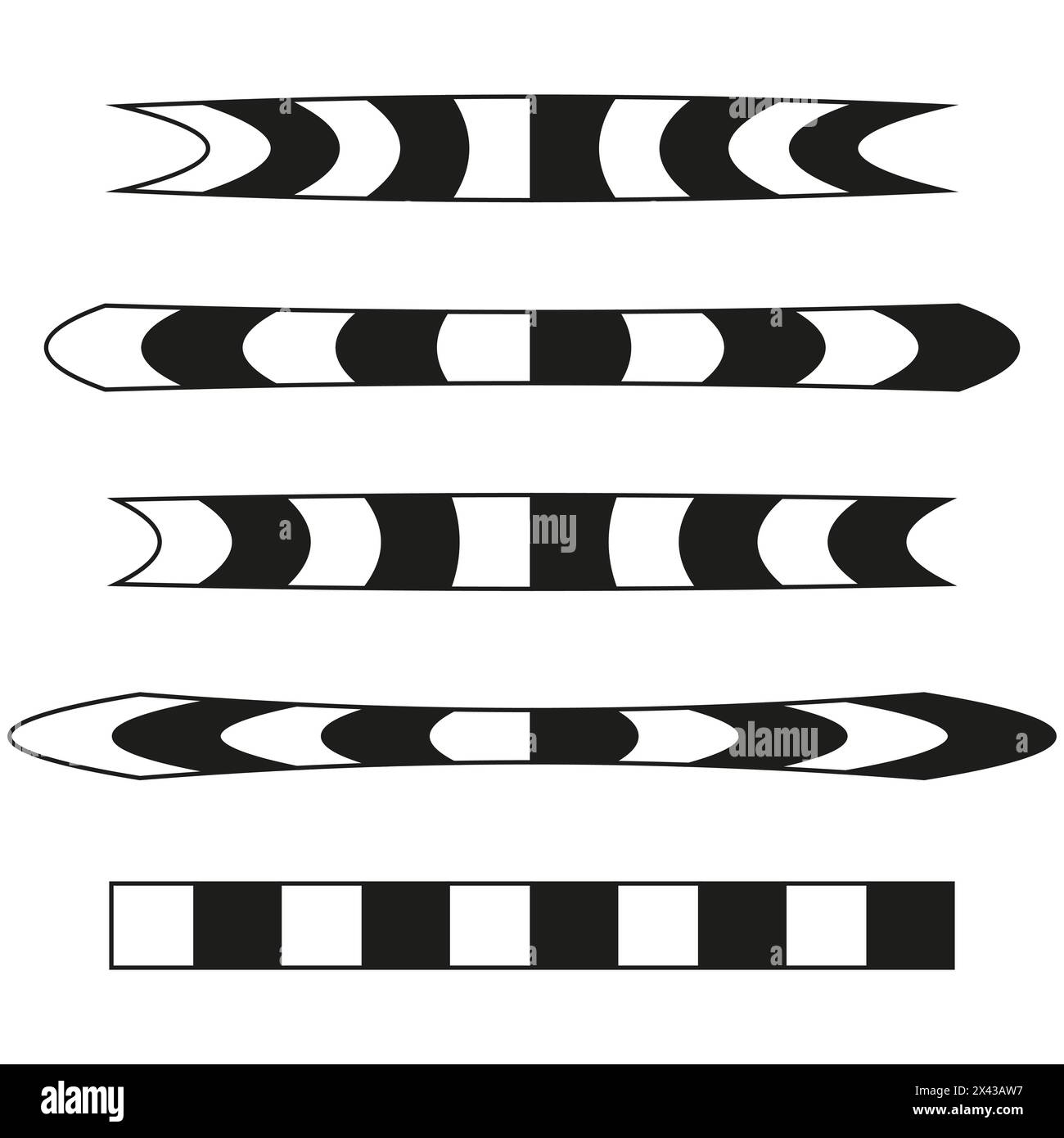 Vector black and white striped patterns. Curved, straight, and circular lines. Geometric shapes ...