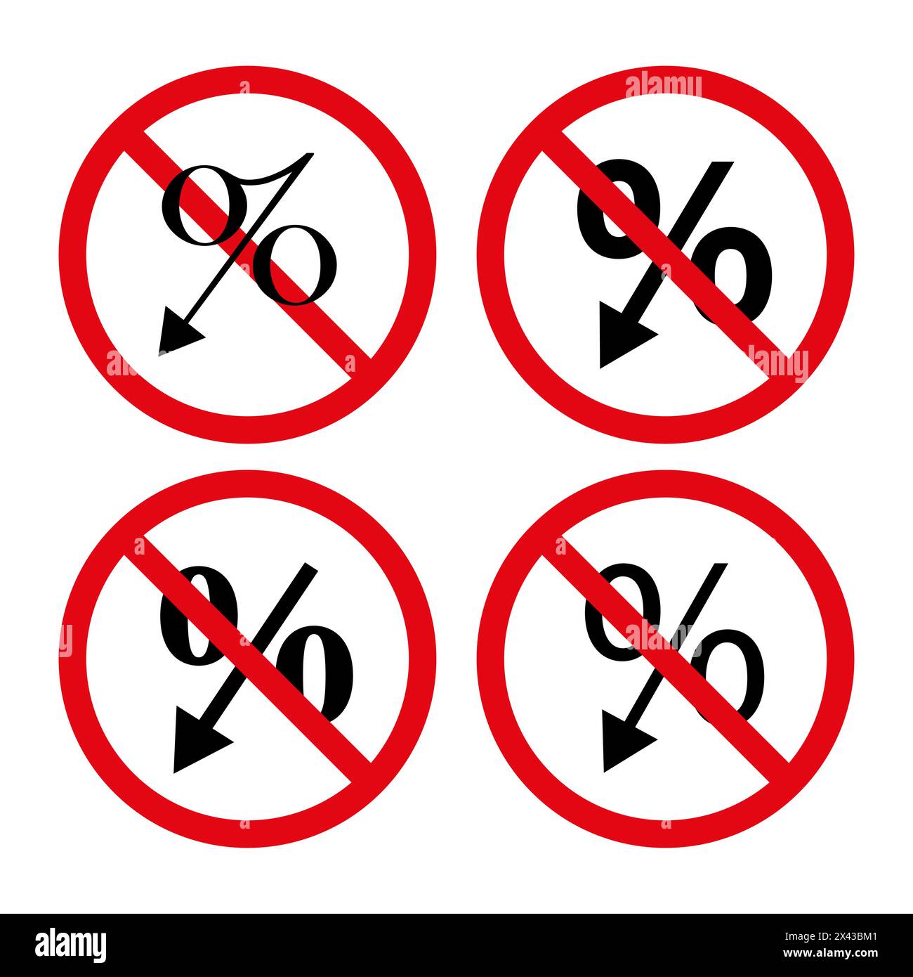 No interest rate decrease sign. Discount prohibition Vector icons. Financial regulation symbols ...