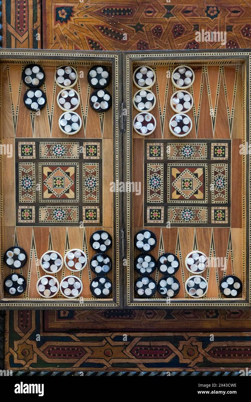 Fes, Morocco. Hand carved backgammon set with inlay Stock Photo - Alamy