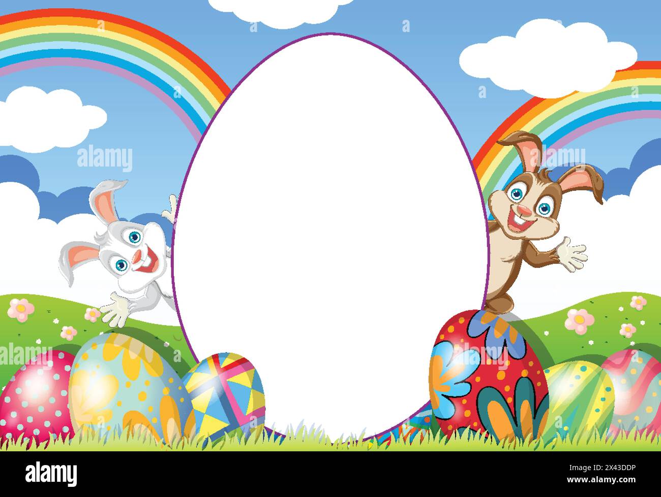 Two cartoon bunnies with decorated eggs and rainbow Stock Vector Image ...