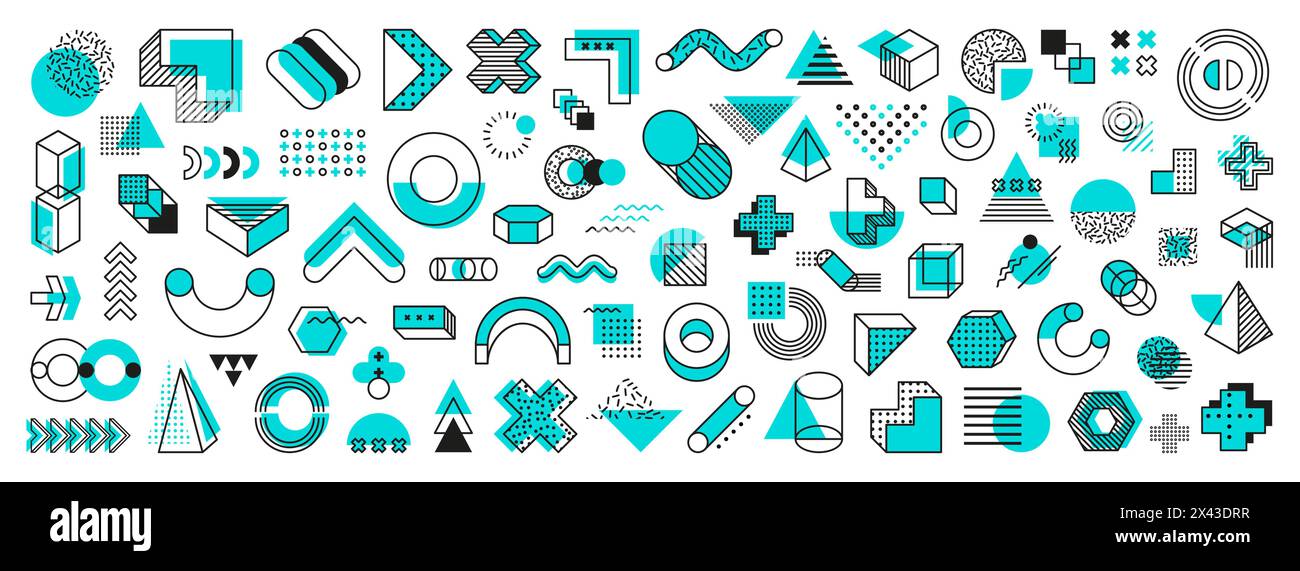 Blue geometric Memphis shapes vector set, embodies bold, vibrant ...