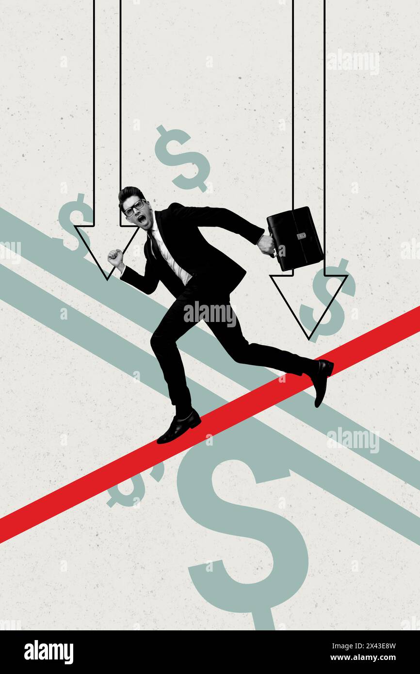 Creative trend collage of man running dollars bankruptcy crisis concept ...
