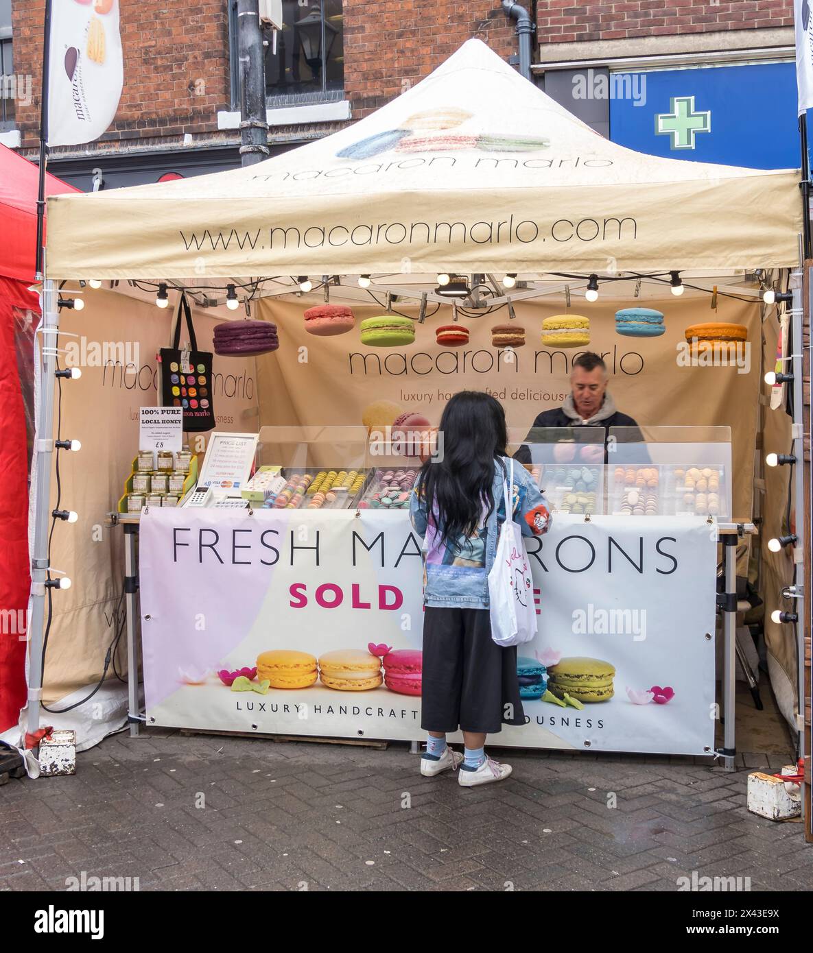 Macaron Marlo stall, High Street, Lincoln City, Lincolnshire, England ...