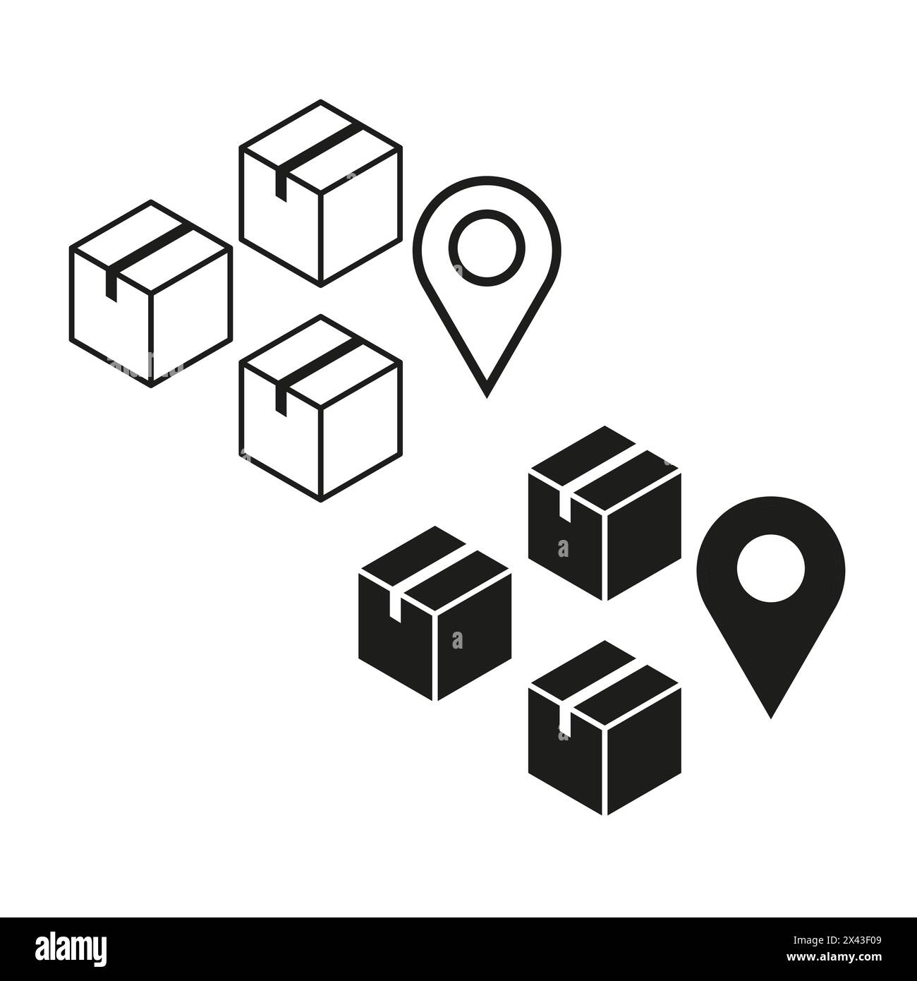 Package location Vector icons. Shipping boxes and destination pins set ...