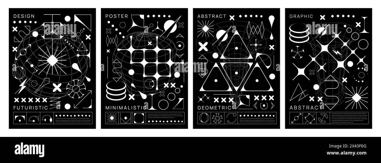 Brutal Y2K posters with abstract geometric shapes, vector cover ...