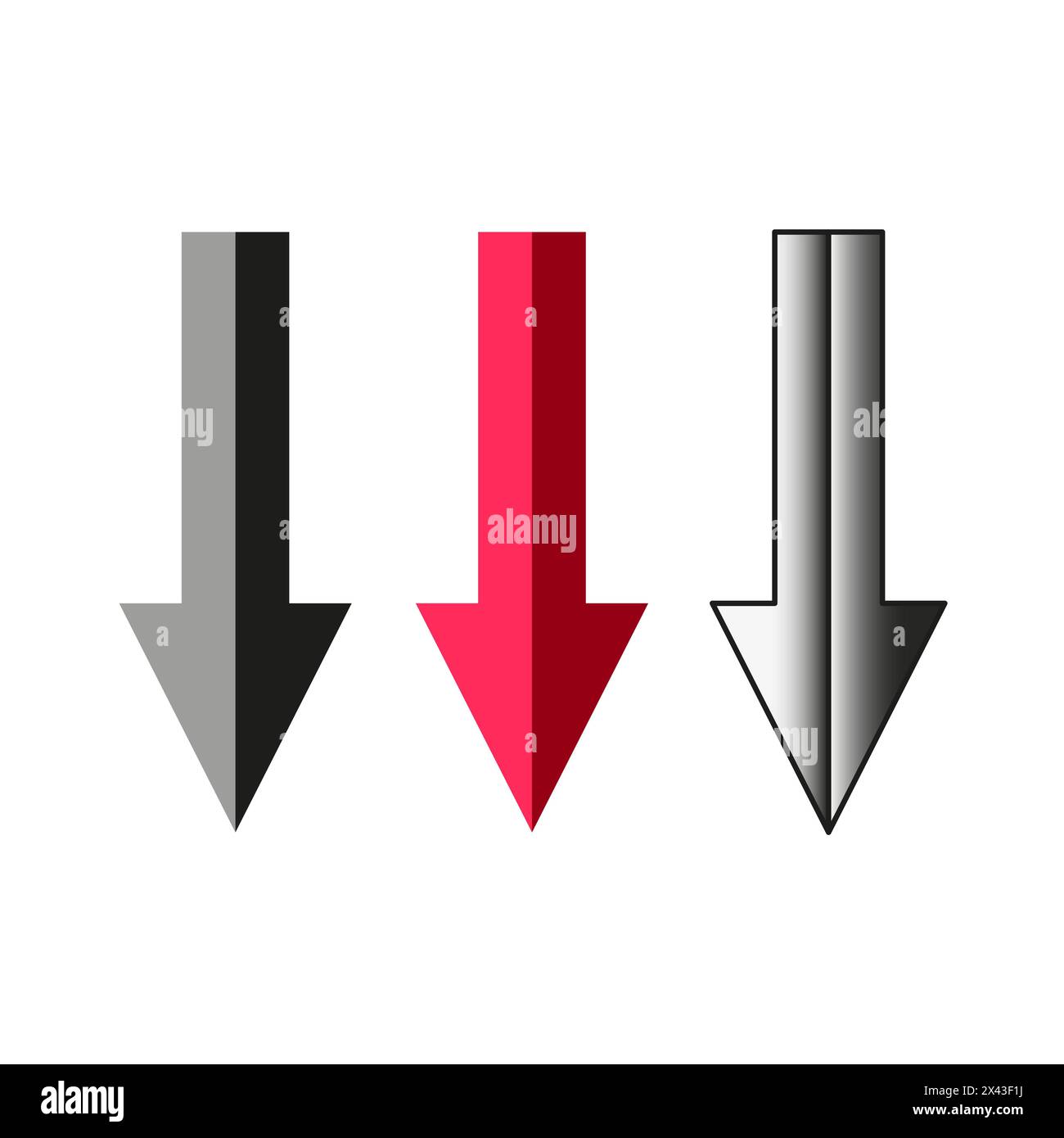Set of downward arrows in grayscale and red. Directional indicators for ...