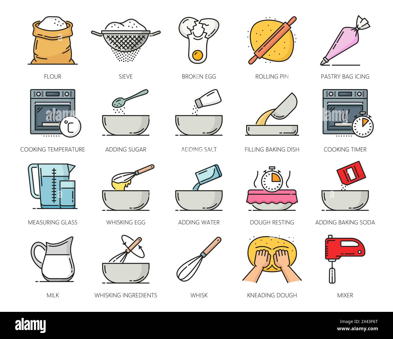 Color home bakery and pastry icons, cooking symbols of vector line food ...
