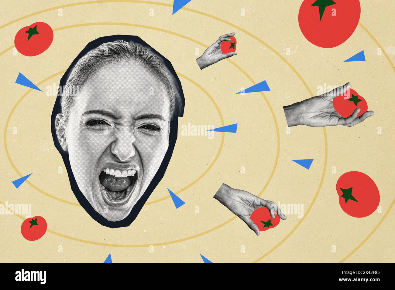 Composite photo collage of upset head girl scream victim hand throw ...