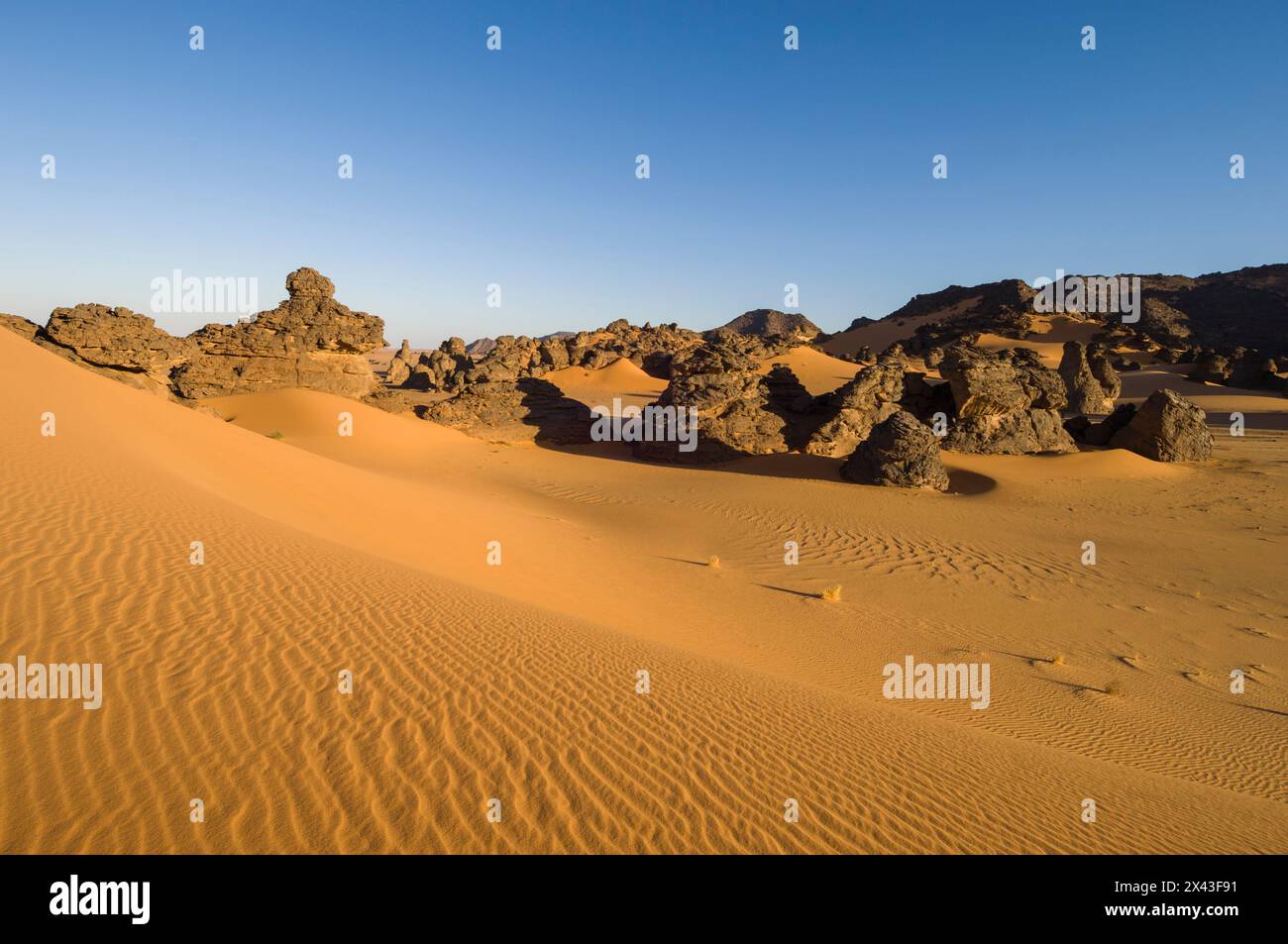 Rock formations and sand dunes in the Akakus, Fezzan, Libya Stock Photo ...