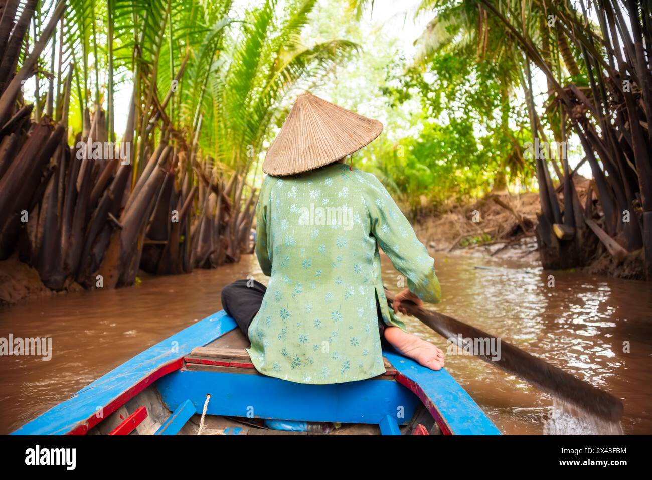 Woman with asian hat rowing a boat by coconut palm trees at Mekong ...
