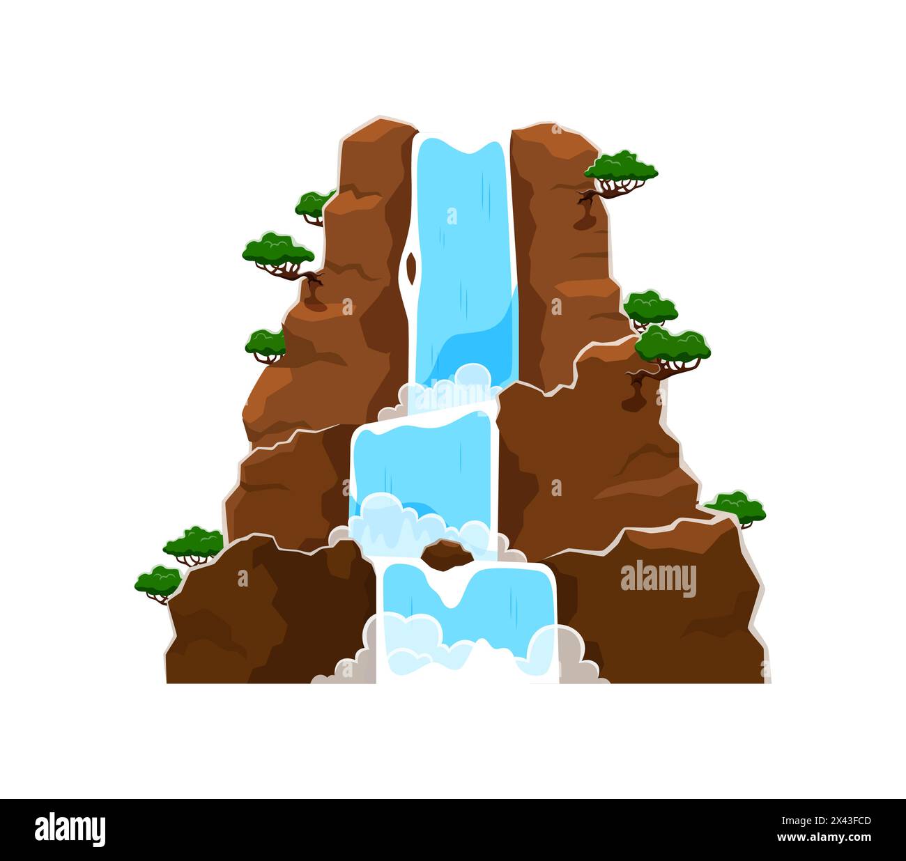 Cartoon waterfall and water cascade with green trees and rocks ...