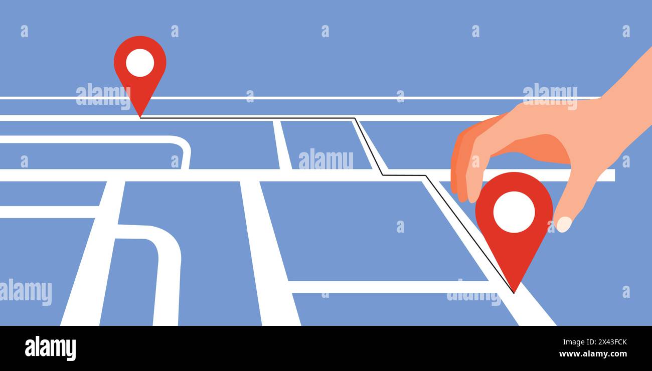 man's hand puts waypoint on the map. traffic route on the map. vector ...