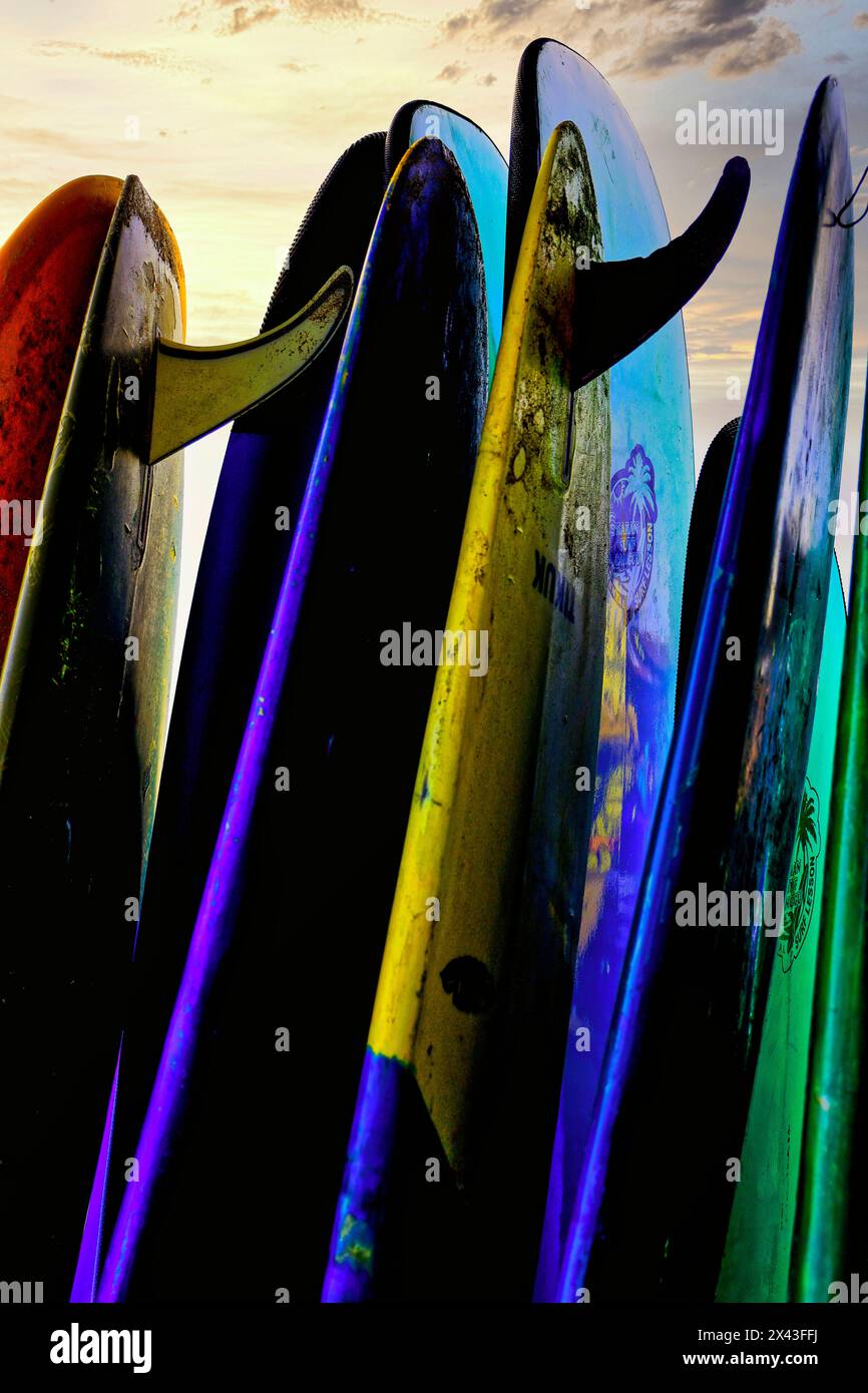 Stacked surf boards at sunset after a day of surf school in Canggu ...