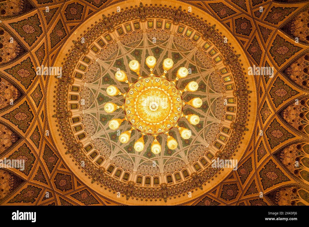The ceiling of the men's prayer room in the Sultan Qaboos Grand Mosque ...