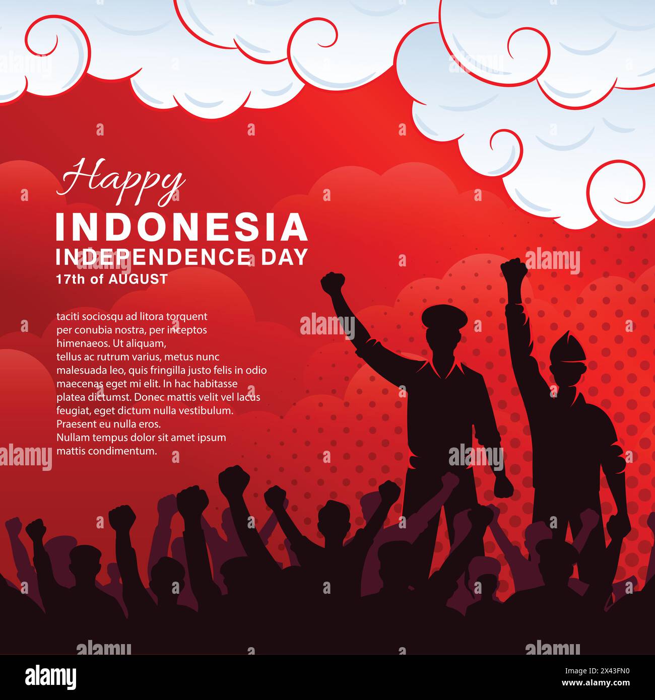 Indonesian Independence Day banner with Silhouette of people raising ...
