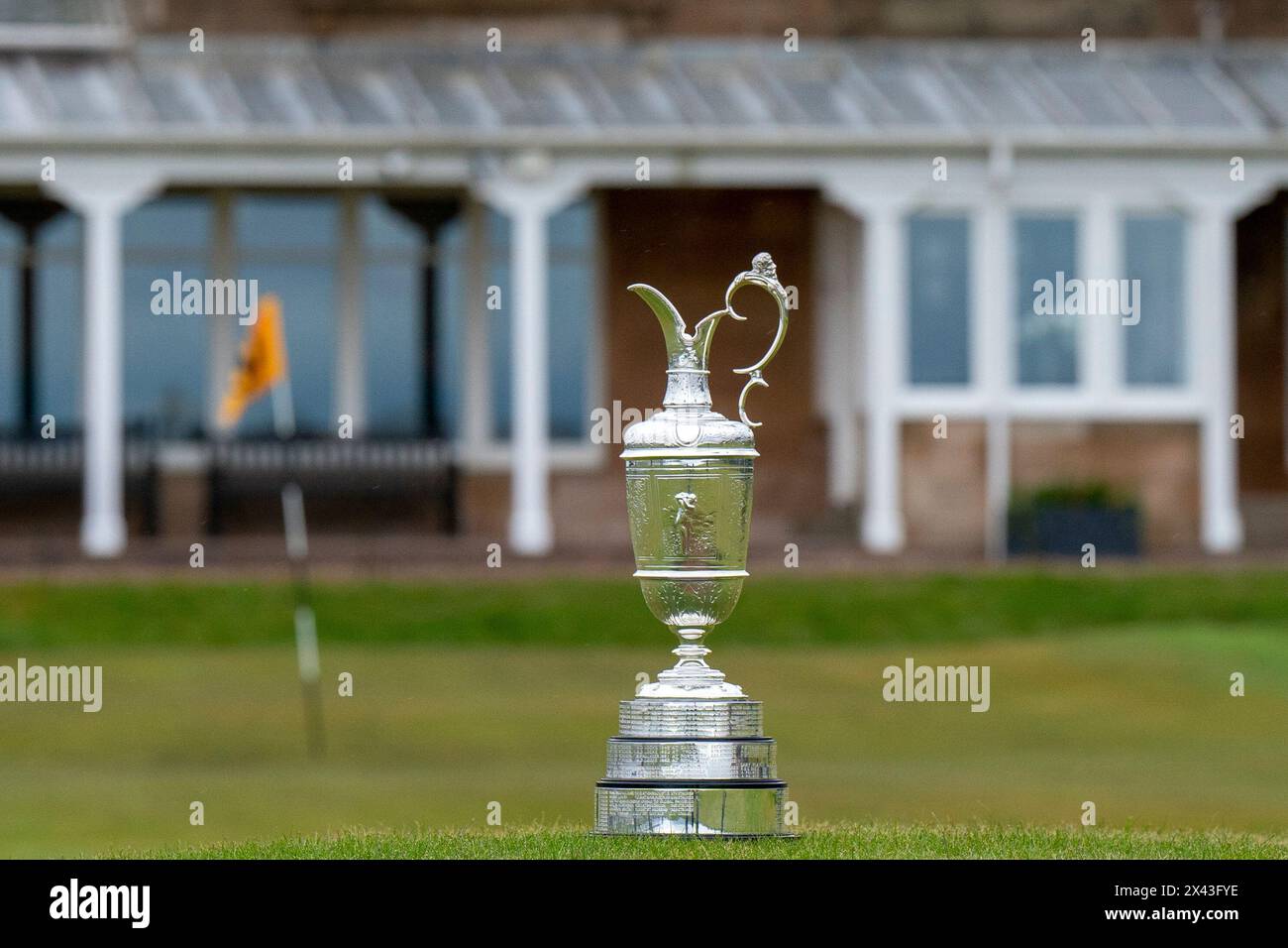 The Claret Jug trophy on the 18th green during the 152nd Open Media Day ...