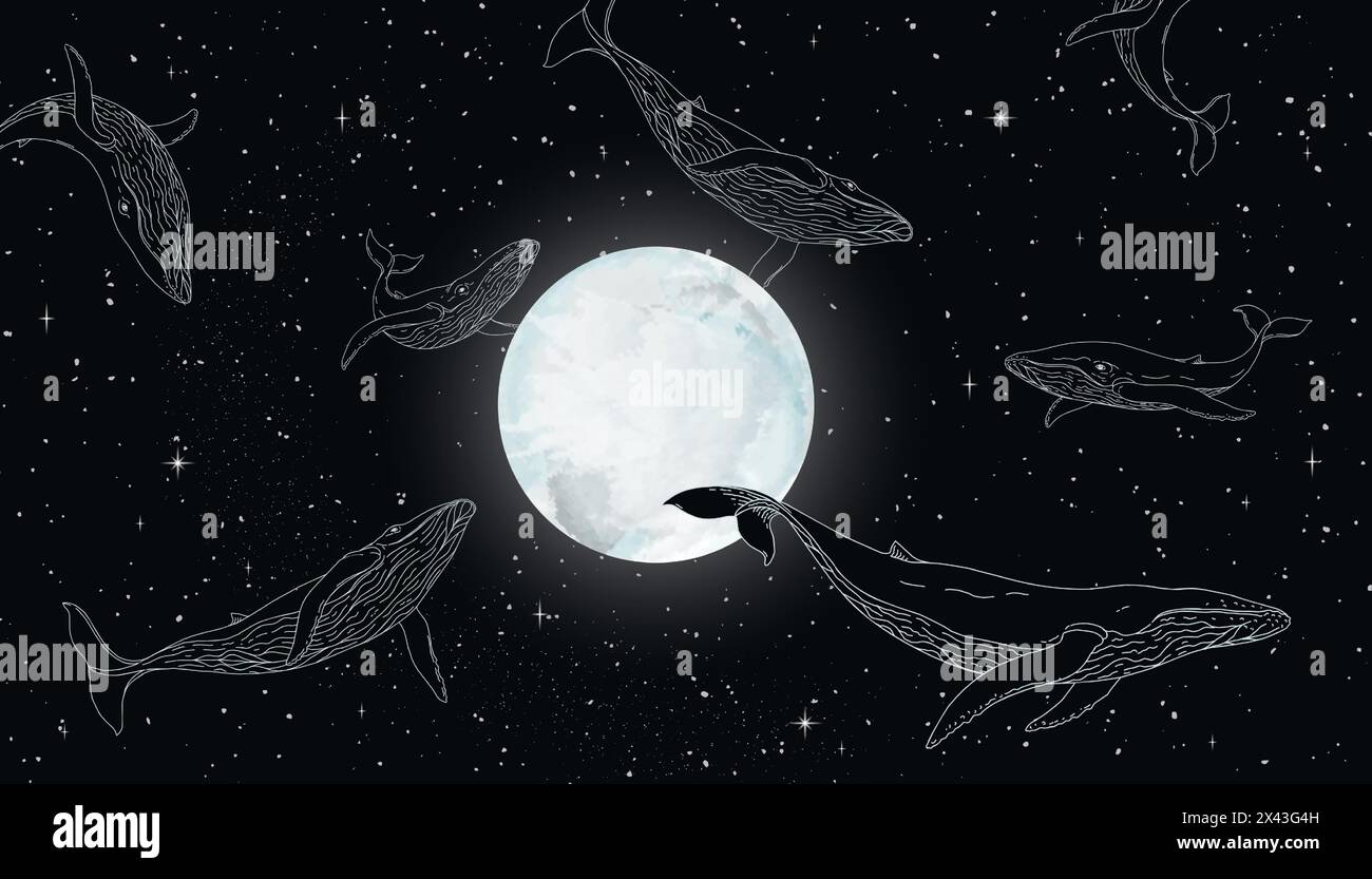 Whale wallpaper. Ocean animal and moon line art. Marine fish. Celestial ...