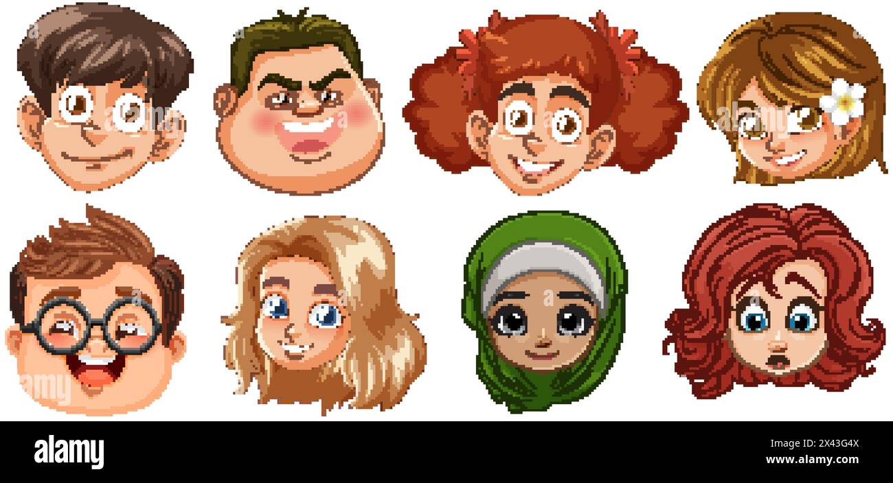 Collection of eight diverse cartoon character faces Stock Vector Image ...
