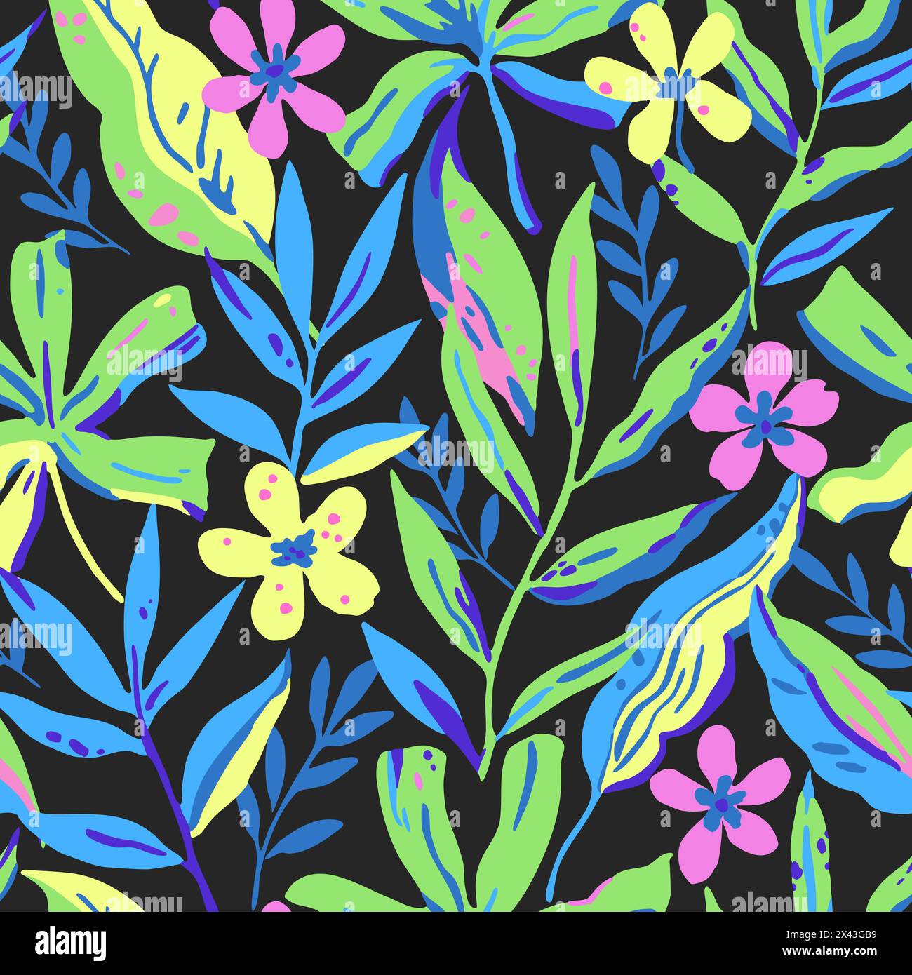 Colorful vivid psychedelic tropical seamless pattern. Vector hand drawn ...