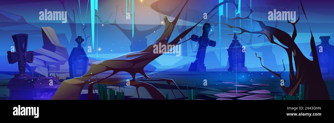 Halloween graveyard background. Spooky cemetery at night cartoon ...