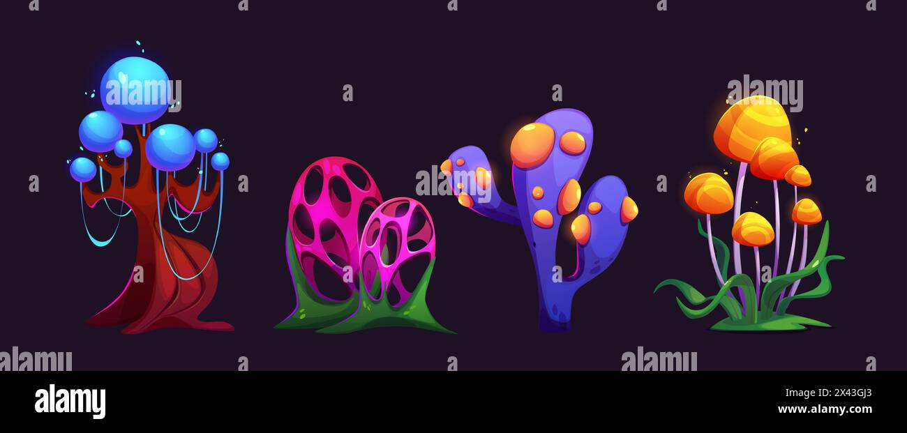 Magic neon color plants set isolated on black background. Vector ...