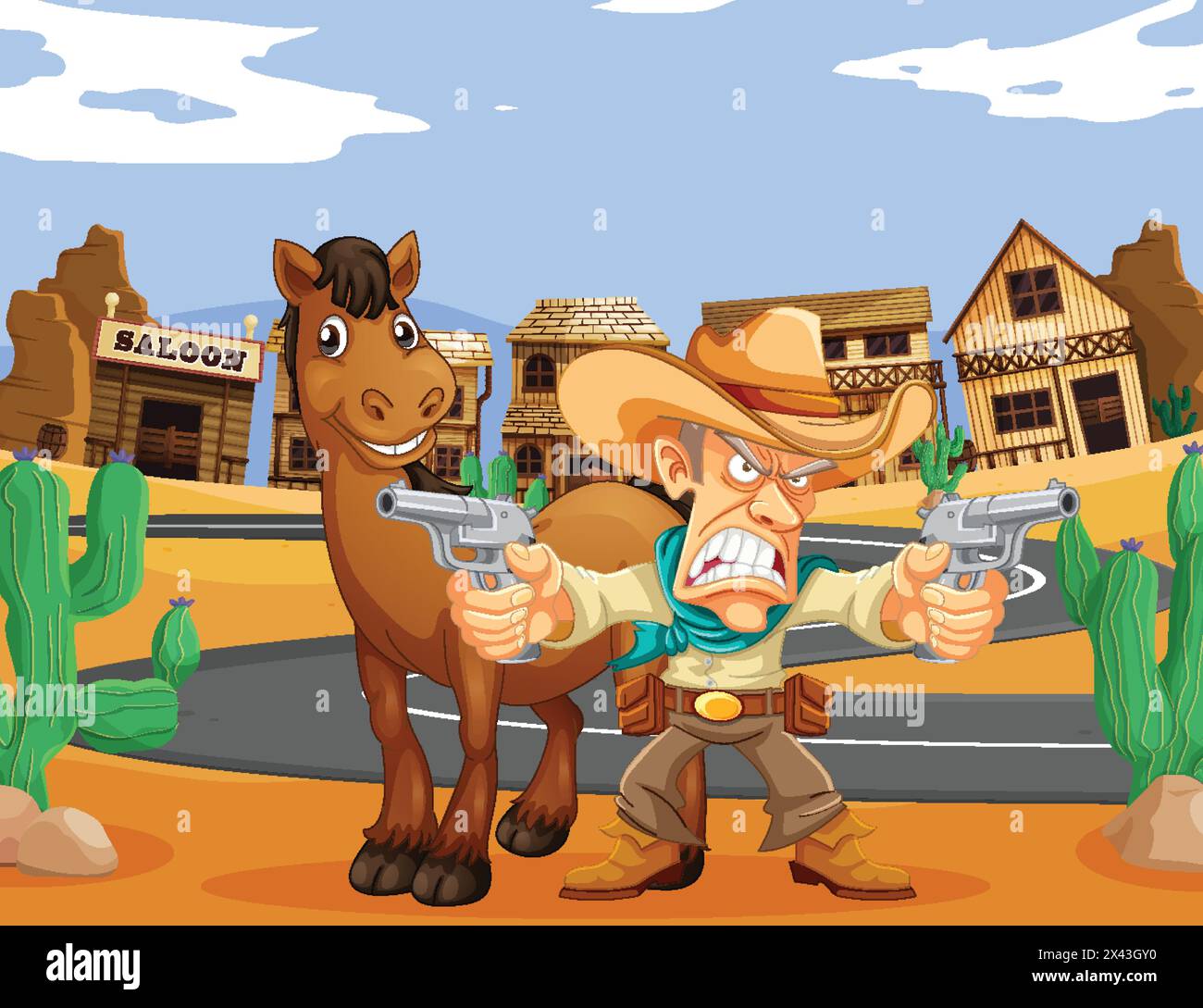 Cartoon cowboy with guns alongside his horse Stock Vector Image & Art ...