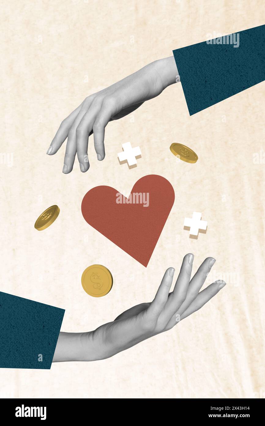 Composite collage of beige color background donation charity hands hold ...