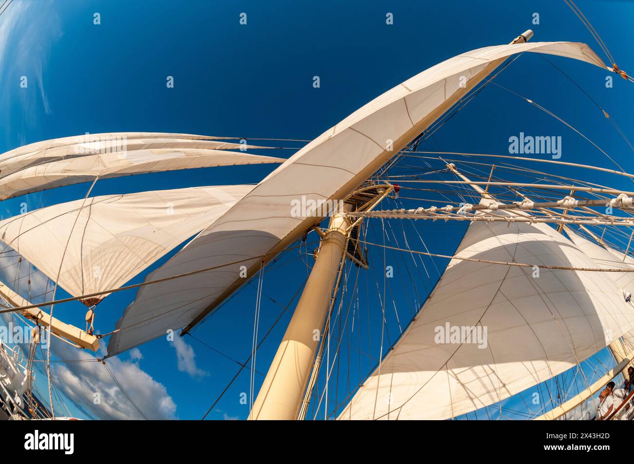 Looking up the at a mast and sails of a barquentine cruise ship ...