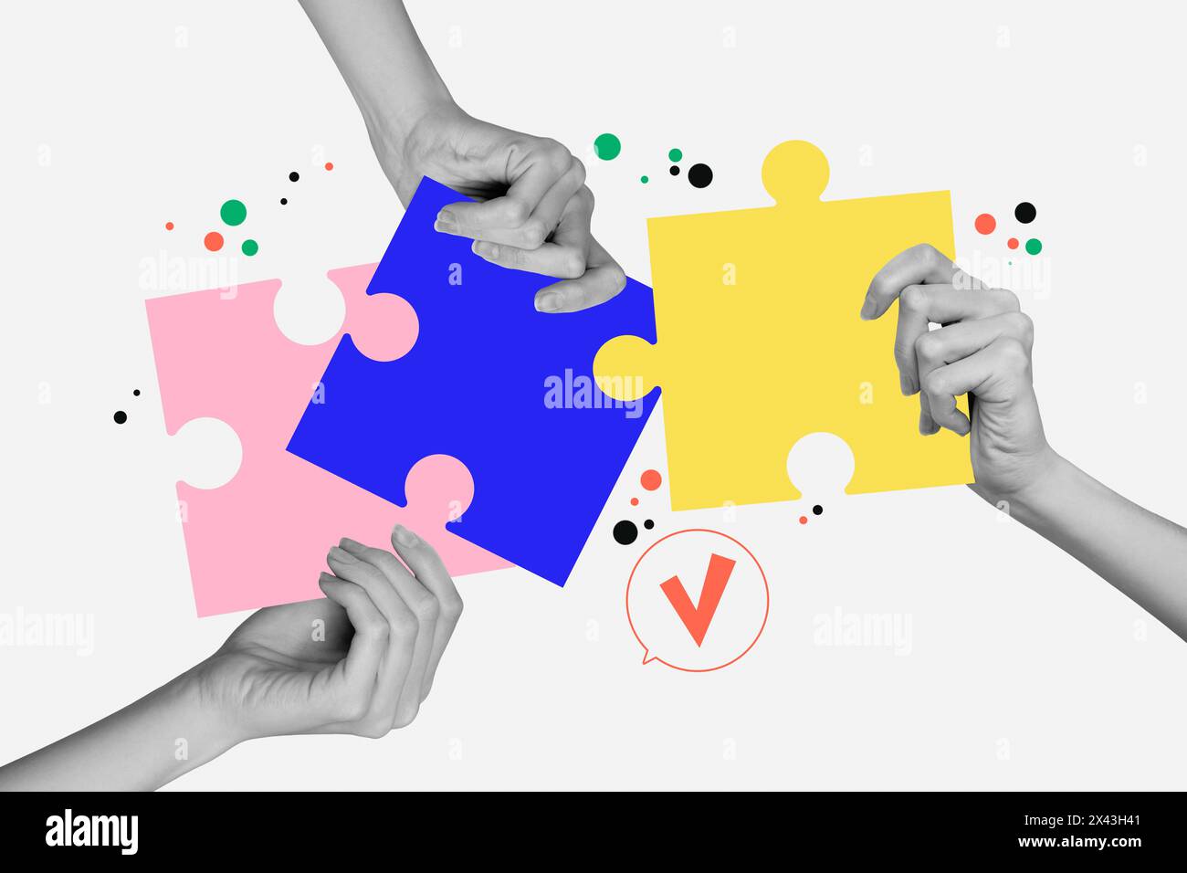 Composite photo collage of people hand match together puzzles game team ...