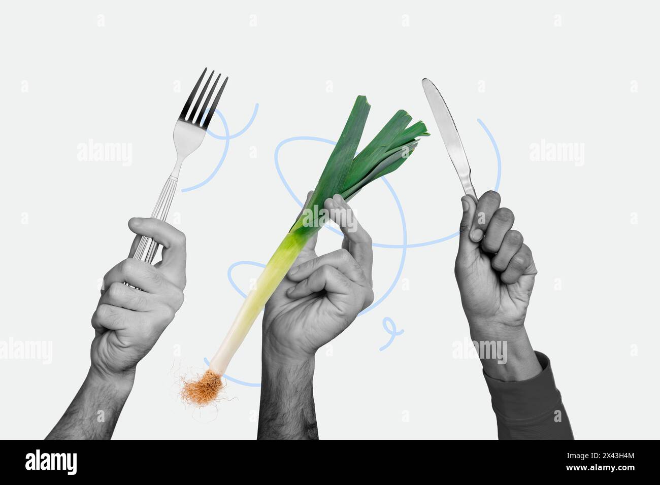 Creative abstract collage of hand hold onion fork knife leek shallot ...