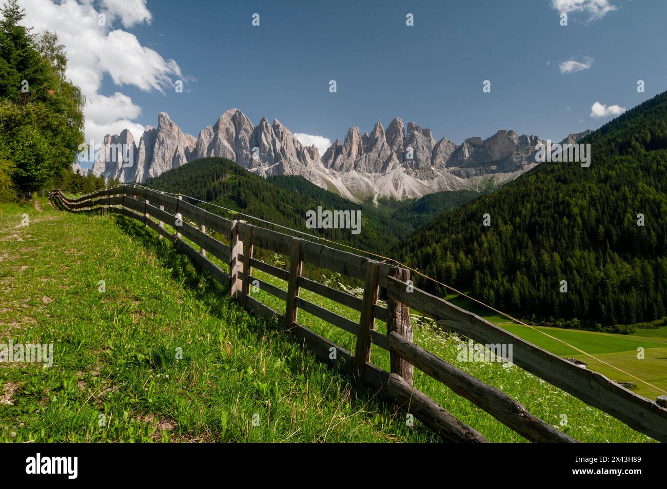 A view of Odle Group mountain from the Funes valley. Funes, Trentino ...