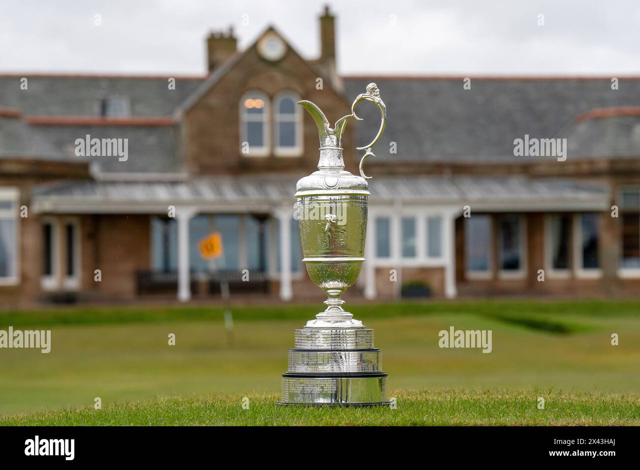 The Claret Jug trophy on the 18th green during the 152nd Open Media Day ...