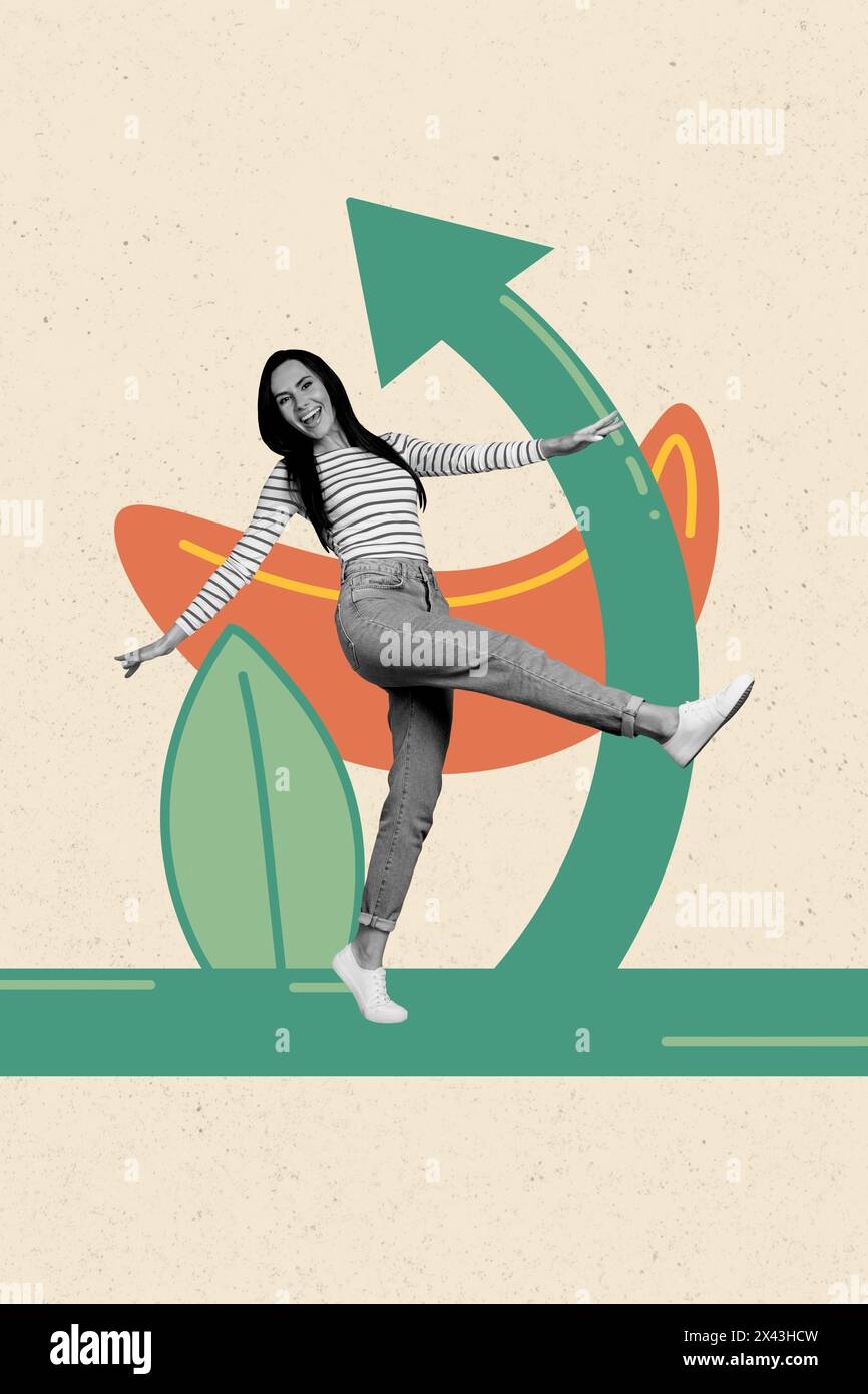 Creative trend collage of funny walking young female arrow point green ...